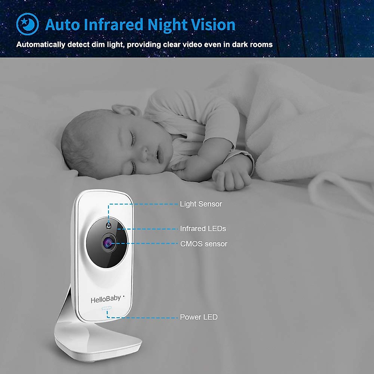 HelloBaby Video Baby Monitor with Camera and Audio, 5" Color LCD Screen, Monitor Camera, Infrared Night Vision, Temperature Display, Lullaby, Two Way Audio and VOX Mode