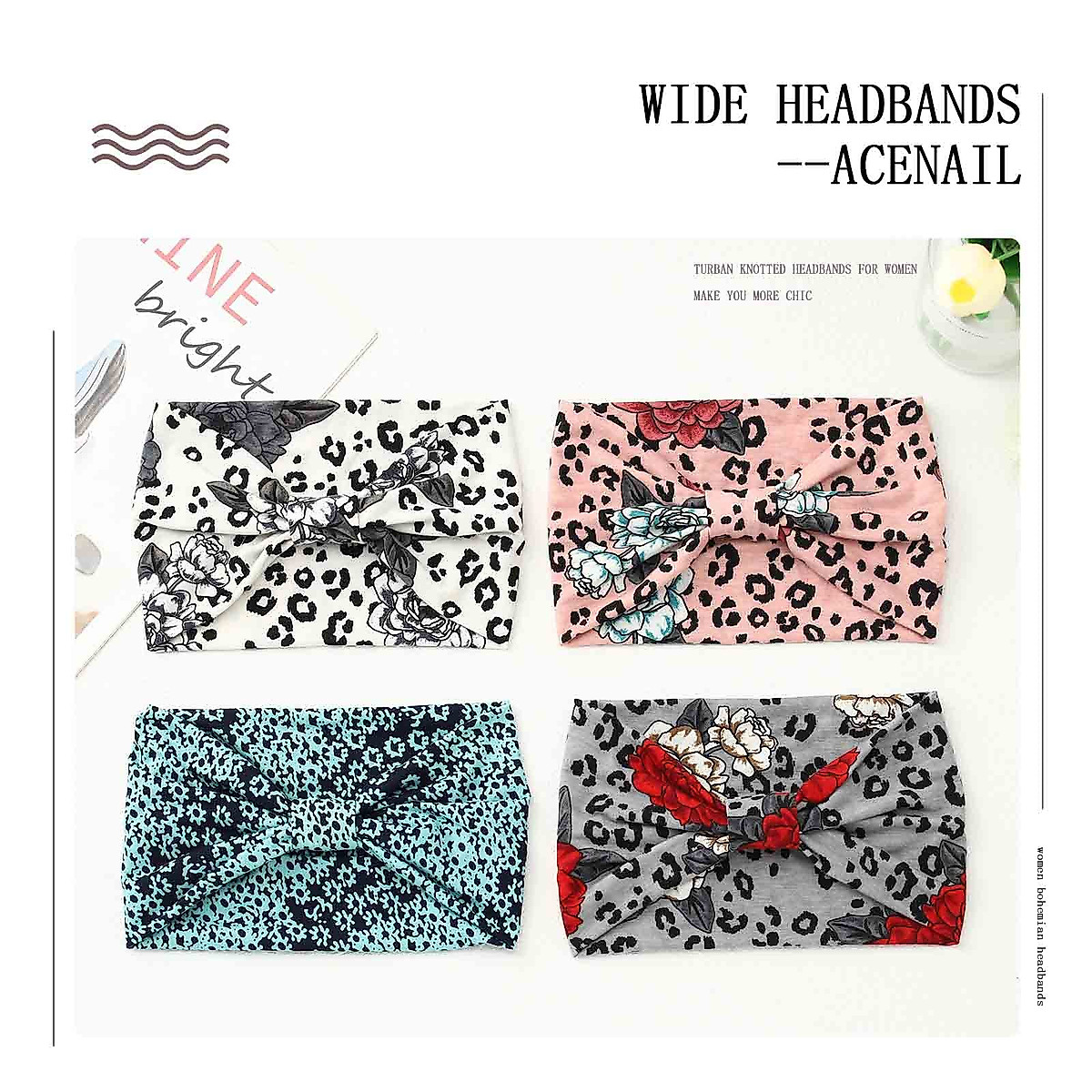 Acenail Wide Headbands Knotted Turban Headband Elastic Non Slip Hairbands Floral Workout Head Bands Yoga Cotton Hair Scarfs Boho Head Wraps Fashion Hair Accessories for Women 4Pcs(Gorgeous)
