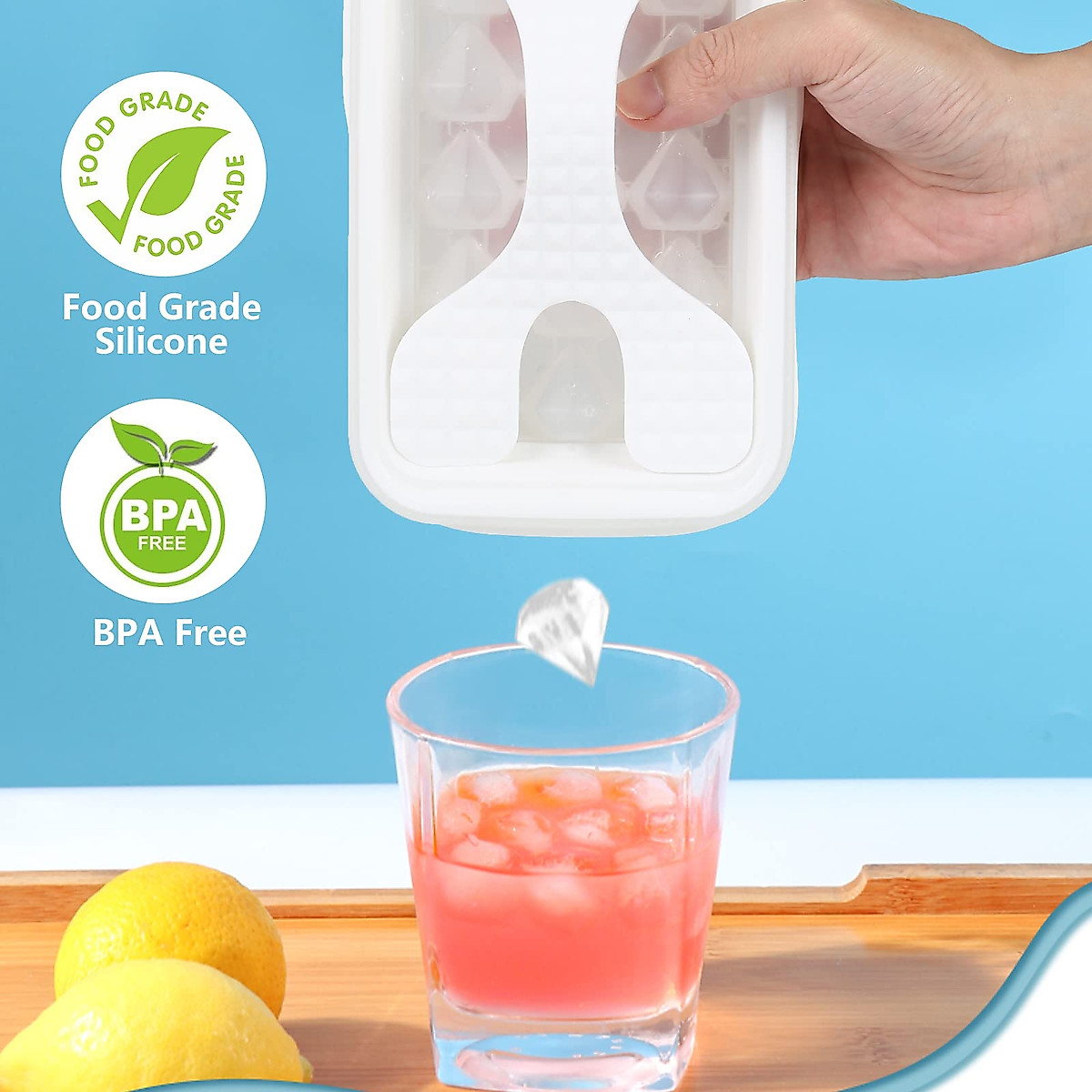 FOGAWA Ice Cube Tray, 2 in 1 Diamond Ice Tray for Freezer, Silicone Ice Cube Tray with Lid Cooling Ice Pop/Cube Molds for Whiskey, Juice, Beer, Cocktail, Coffee,Champagne. 18 Ice Cubes