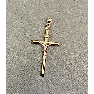 Solid 14K Yellow Rose Gold Crucifix Pendant - 38mm x 24mm Two Tone Jesus Cross Charm Religious Pendant - Suitable for Men & Women - Great Gift for Christmas & All Occasion