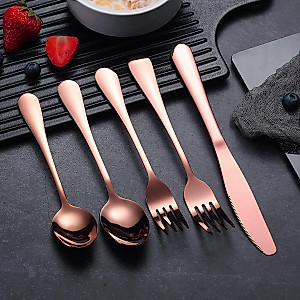 Rose Gold Flatware Set 20 Piece Service for 4, Copper Plated Stainless Steel Silverware set Service for 4 (Shiny, Copper)