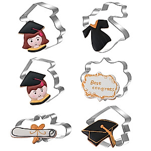 6pcs Graduation Cookie Cutters, Stainless Steel Molds Graduation Cookie Cutters Including Molds for Name Tags, Certificates, Gowns, Doctor Hats Cookie Cutters for Baking