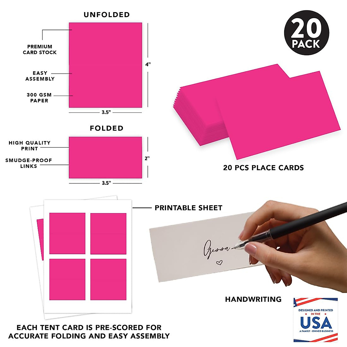 Andaz Press Table Tent Printable Place Cards, Fuchsia 20-Pack, Seat Placement Cards Blank Place Cards For Table Settings Name Cards for Baby Bridal Wedding Shower, School Graduation Food Cards