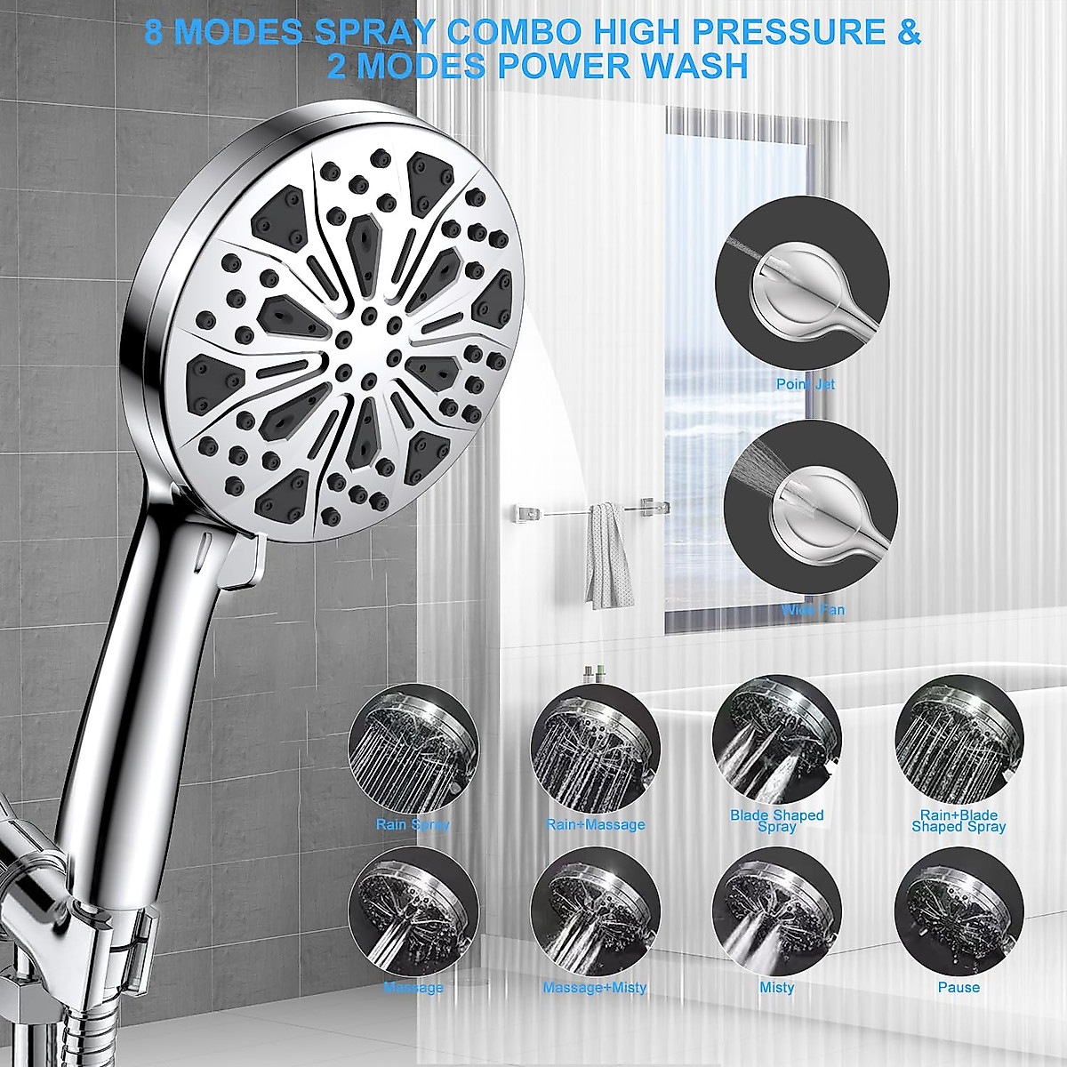 EILIKS Shower Heads with Handheld Spray Combo, High Pressure Filtered Shower Heads 10 Spray Mode Shower Head with Filters, Stainless Steel Hose, Adjustable Bracket, for Tubs Tiles Walls Pets Cleaning