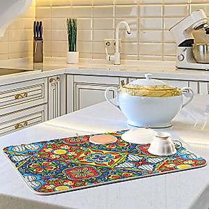 Mexican Talavera Tile Dish Drying Mat for Kitchen Counter, Microfiber Dish Drainer Mat for Kitchen Countertop 18 x 24 inch