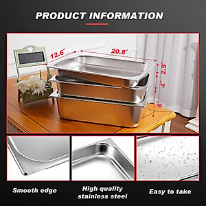 6 Pack Stainless Steel Steam Table Pan Full Size Hotel Pans 20.8"L x 12.8"W Commercial Food Pan Catering Food Pan for Hotel Canteen Restaurant Office Cafeteria Family Events, 3 Diverse Depths