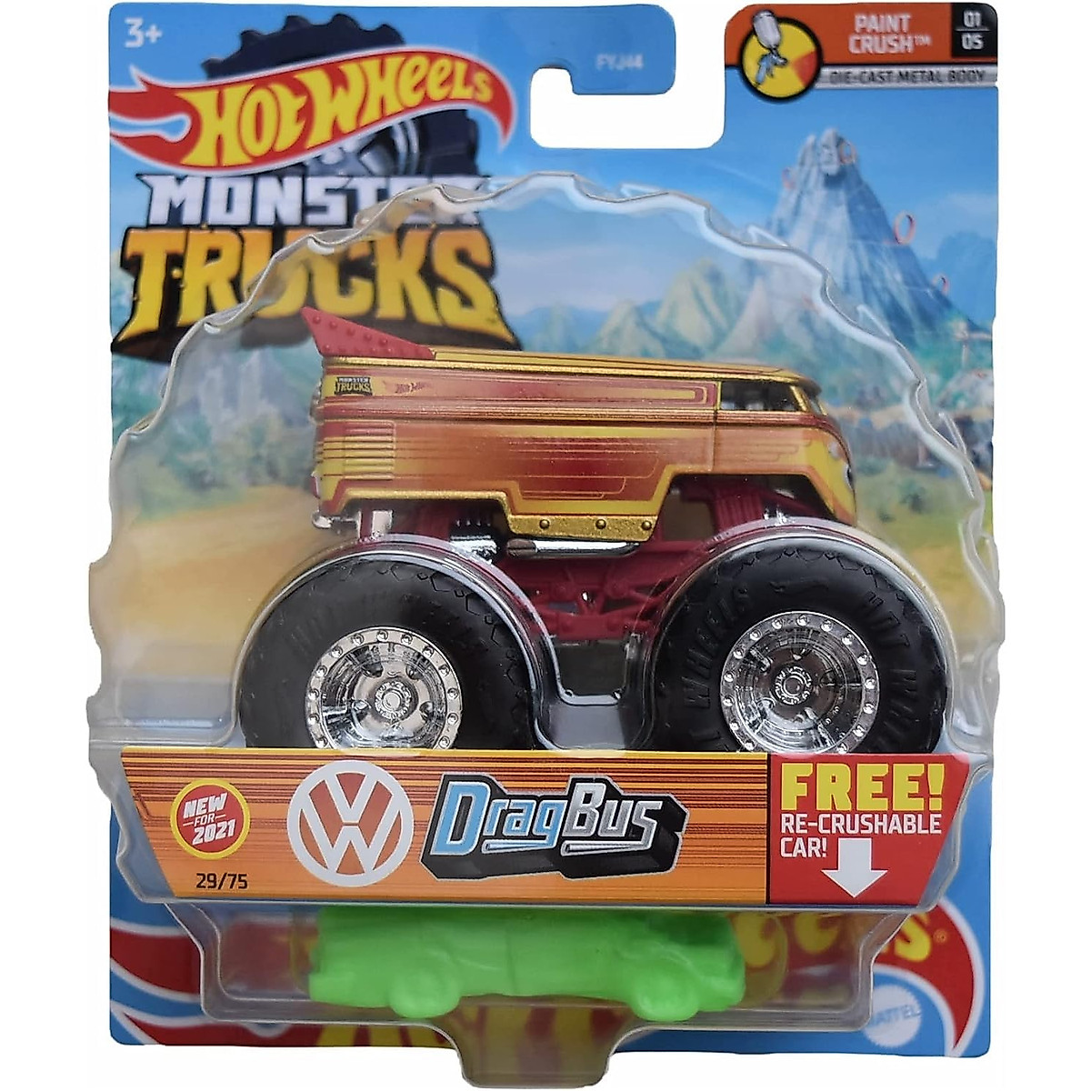 Hot Wheels Monster Trucks Drag Bus, Re-Crushable 29/75 1:64 Scale die cast