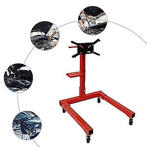 KarweuSu Engine Stand, Auto Repair Rebuild Steel, Cast Iron Folding Motor Hoist, Dolly Mover Jack with 360 Degree Rotating Head and Extra Tool Storage Tray for Vehicle Maintenance (Red - 1250LBS)
