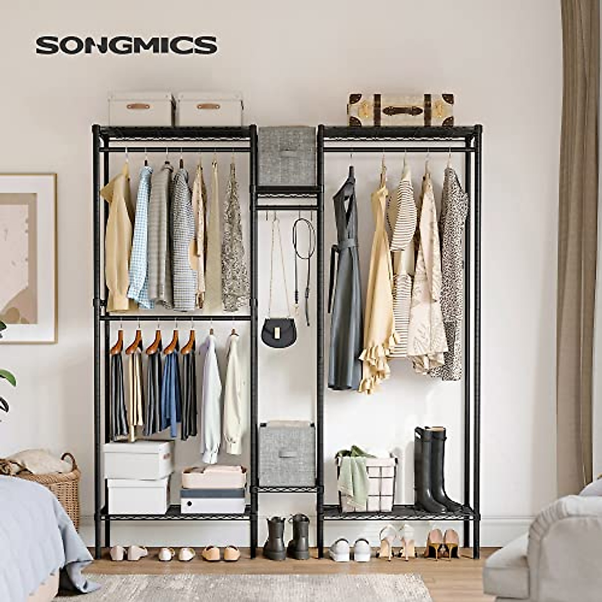 SONGMICS Clothes Rack with Shelves, Garment Rack for Hanging Clothes, Heavy Duty Closet Rack, Steel Portable Closet with Fabric Storage Boxes, Adjustable Shelves, for Bedroom, Black ULGR401B01
