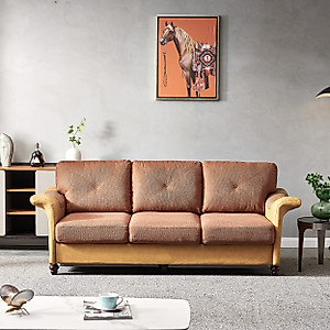 KoiHome 3-Seater Chesterfield, Upholstered 3-Seat Sofa Couch with Side Pockets and Storage Box, Faux Leather Loveseat Chaise with Curved Arms, Bedroom Living Room Furniture, Wood Leg, Red Brown