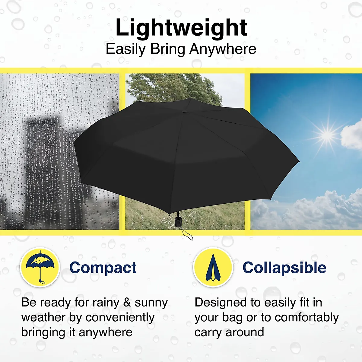 Weather Station Mini Manual Rain Umbrella, Windproof, Lightweight and Packable for Travel, Full 42 Inch Arc, Black