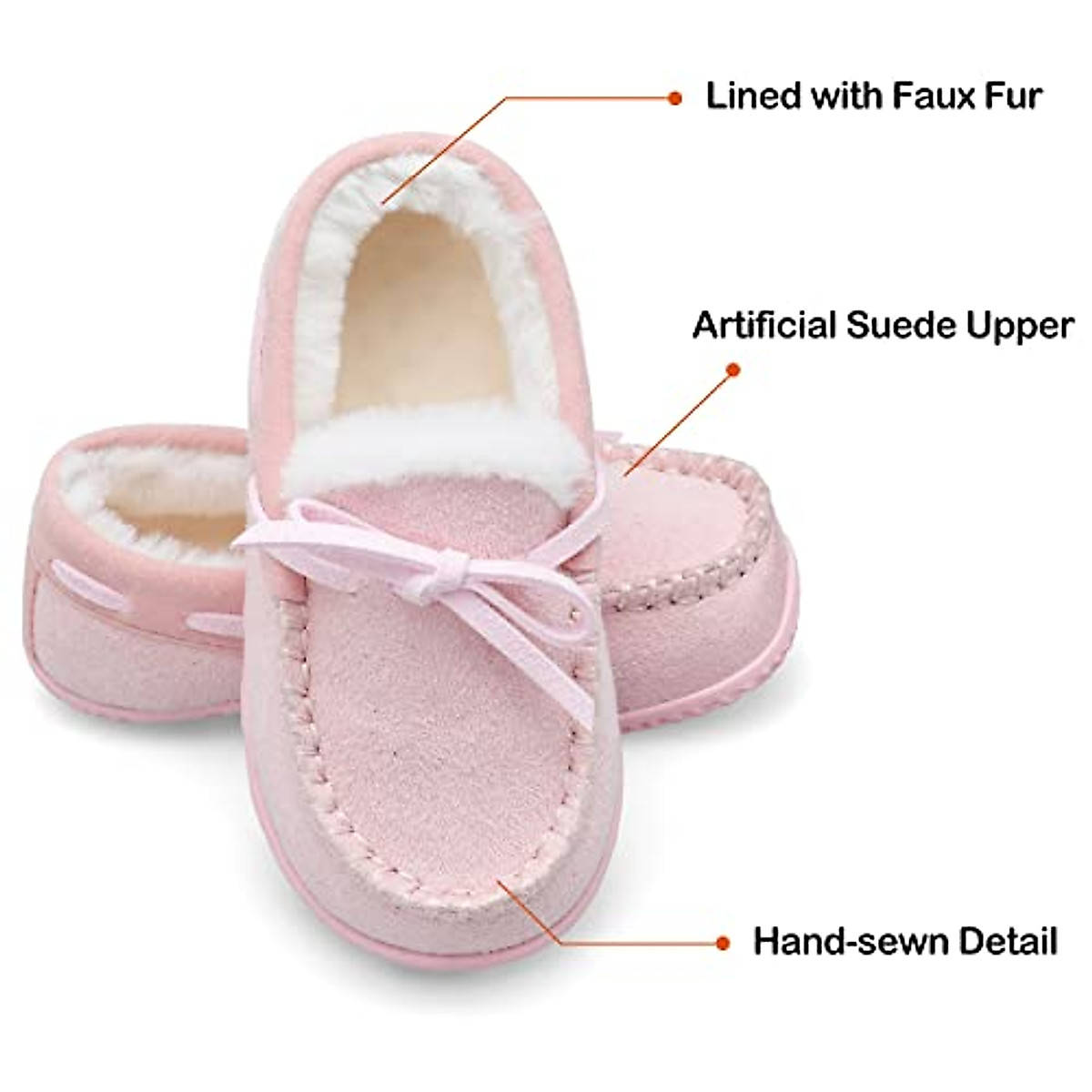 Scurtain Kids Toddler Suede Moccasin Slippers - Lined with Warm Fur, Unisex for Boys & Girls - Pink, Size 6.5