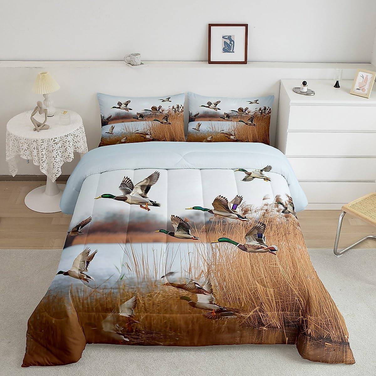 Erosebridal Mallard Duck Duvet Insert Duck Hunting Themed Comforter Set for Kids Teens Adults Mallard Duck Bird Printed Bedding Set Rustic Natural Lake Scenery Quilt with 2 Pillowcases,Queen Size