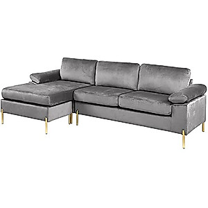 Devion Furniture Modern Velvet Sectional Sofa in Gray/Gold Legs