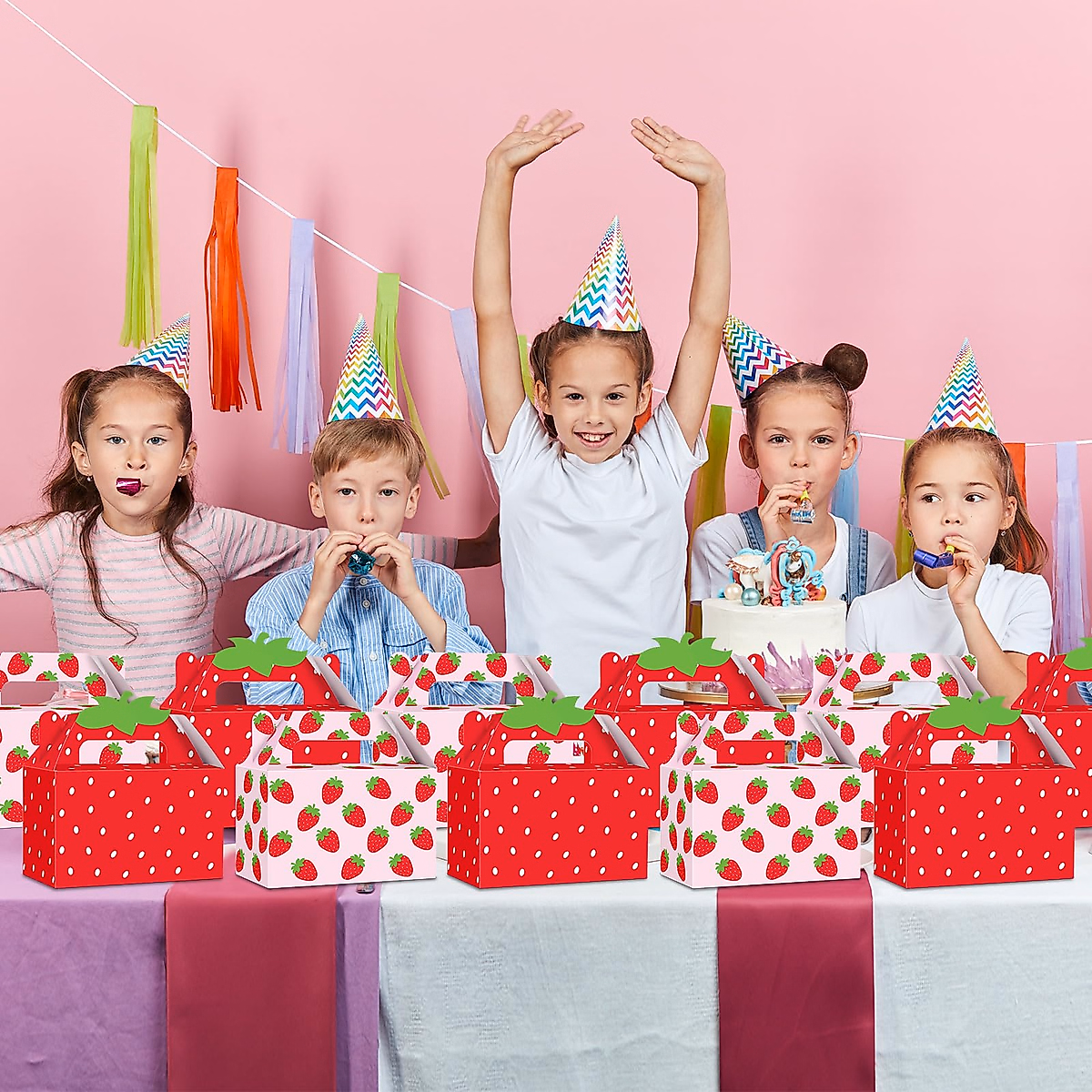 ojustbeok 12Pcs Strawberry Party Favor Box Summer Strawberry Gift Boxes Cute Fruit Goody Boxes Folding Paper Treat Box for Sweet One Strawberry Birthday Baby Shower Decor Supplies 6.3 * 3.2 * 3.9inch