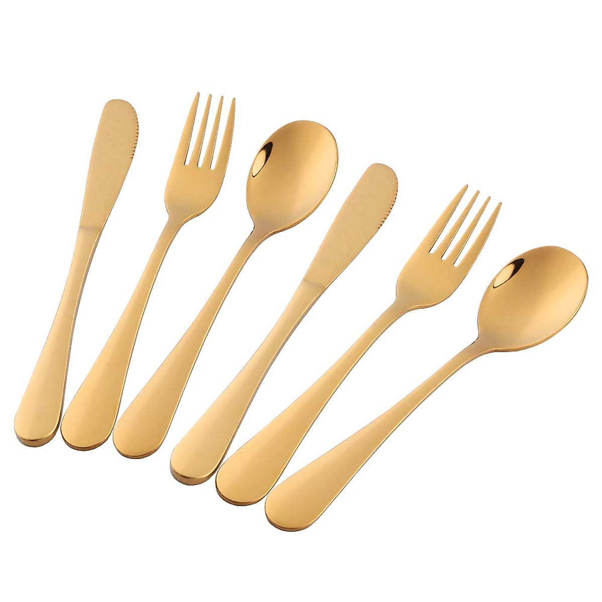 Bisda Flatware Silverware sets, 6pcs 18/8 Stainless Steel Student Cutlery Serving for 2, BPA-free Self-feeding Safe Kitchen Utensils, Mirror Polished (Gold)
