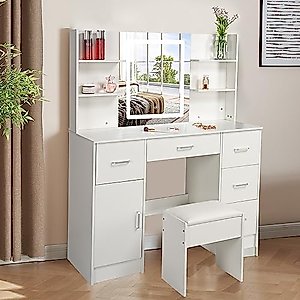 Buildonely Large Vanity Set with 6 Display Cabinets and 6 Storage Drawers, Dressing Table Set with Lighted Mirror for Makeup, Vanity Desk Set with Soft Cushioned Stool for Girls and Teens
