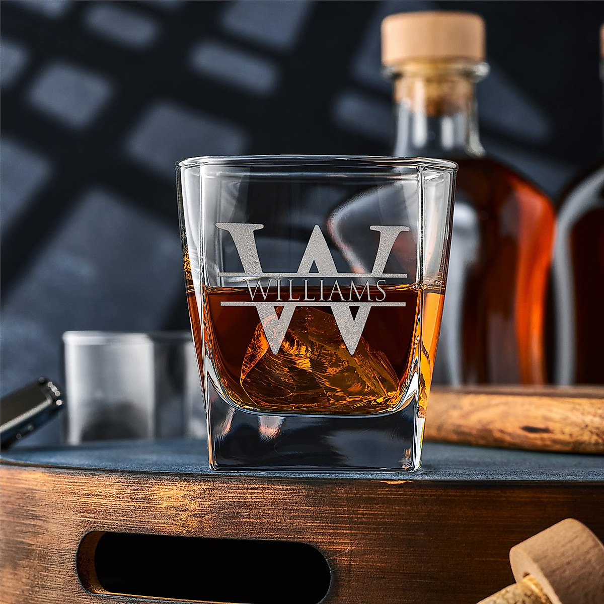 Amazing Items Set of 4 - Whiskey Gifts for Men, Personalized Whiskey Glasses w/Name & Initial - 9 Designs - 9 oz, Limited Edition Monogrammed Rocks Glasses for Whiskey, Dad Gifts