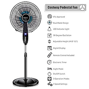 COSTWAY Pedestal Fan, 3-Speed Digital Control- Adjustable Height- Oscillating Standing Fan w/Timer- LCD Display- Double Blades- Remote Control, 18-Inch