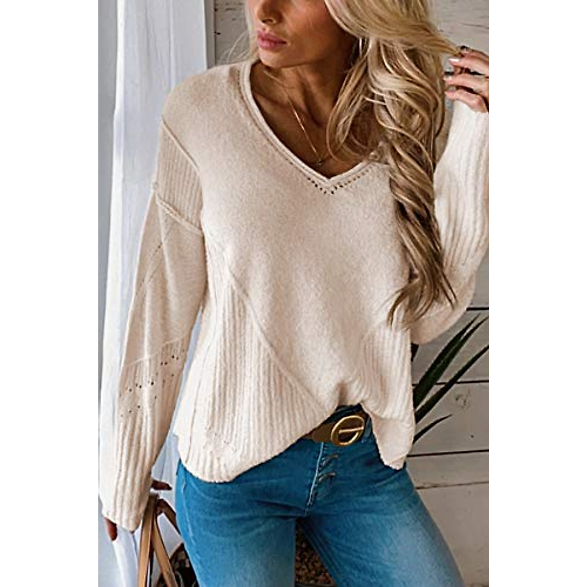 Niceyi Women's Casual Knitwear Pullover Sweater Soild Color V-Neck Loose Long Sleeve Knit Jumper Tops (Beige,Medium,Medium)