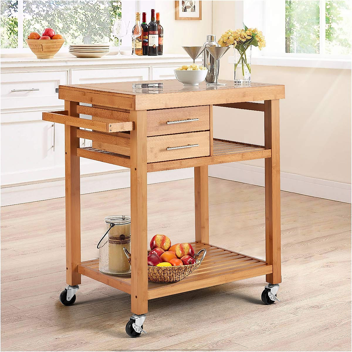 EROMMY Rolling Bamboo Wood Kitchen Island Cart, Multi-Purpose Kitchen Trolley Cart on Wheels, Rolling Kitchen Cart with Drawers, Open Storage Shelves, Towel Rack, Locking Casters