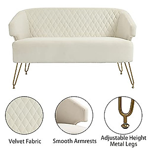 Krinana Velvet Loveseat Sofa Couch with Solid Wood Frame, Modern 2 Seater Sofa with Gold Metal Legs, 2-Seat Sofa for Living Room Bedroom Office Hotel Apartments (Cream White)