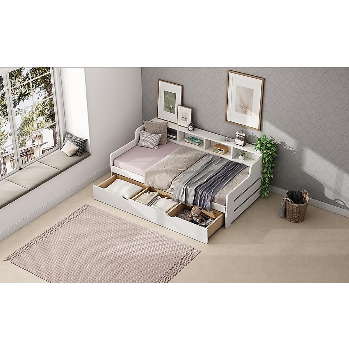 OUYESSIR Twin Size Daybed with 3 Storage Drawers, Upholstered Day Bed Frame with Bookcase Headboard and Full Wood Slats for Kids Teens Adult Boys Girls, No Box Spring Needed, White