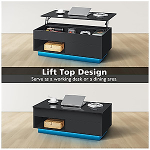 HOMMPA 40" Lift Top Coffee Table with Storage LED Coffee Table Morden High Gloss Living Room 3 Tiers Modern Tea Table with Storage Center Tables Hidden Compartment & Open Shelve & Drawer Black