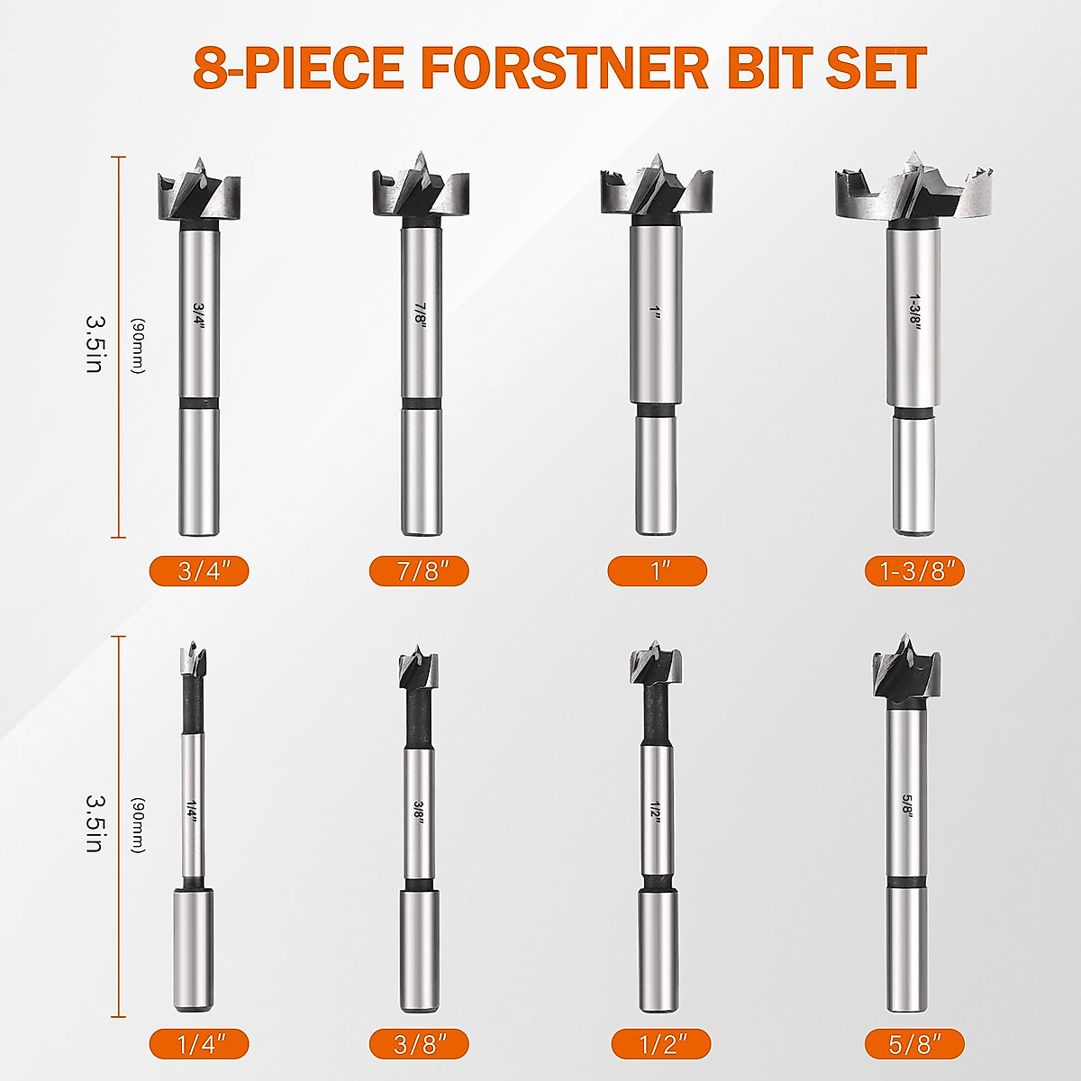 KENDO 8 Piece Forstner Bit Set, Made of Alloy Steel, Forstner Bits for Woodworking, Auger Opener Round Shank Drilling Cutting Tool for Hardwood, Softwood, Plastic, Plywood with Storage Case