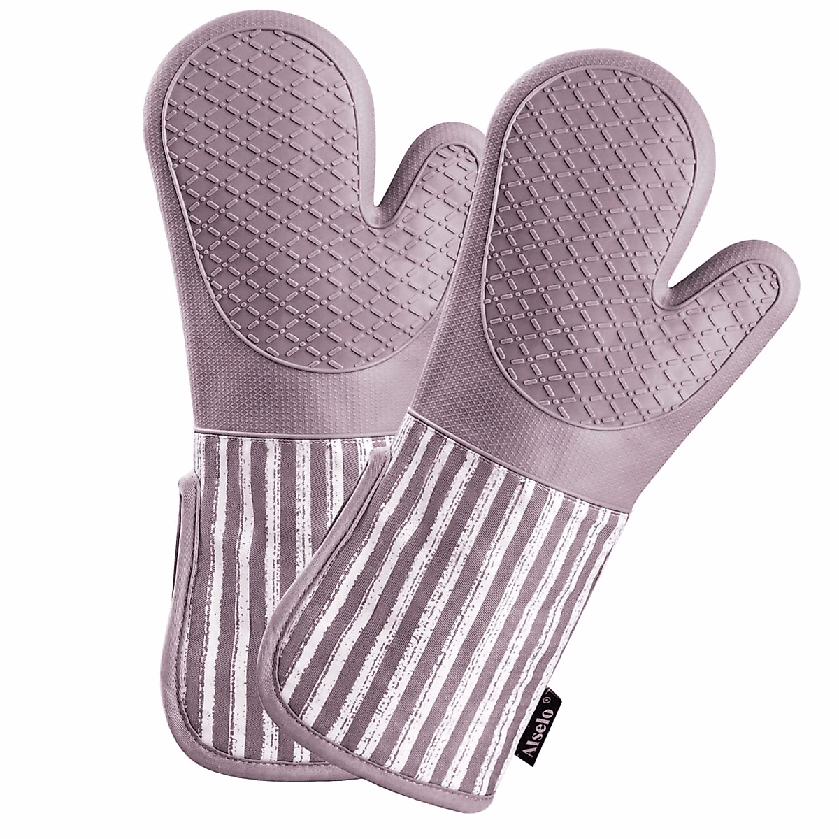 Alselo Silicone Oven Mitts Heat Resistant 932℉ with Waterproof & Non-Slip Kitchen Mittens, Set of 2 Extra Long Oven Gloves with Soft Cotton Terry Lining for Baking Cooking Barbecue(2, Purple Mitts)