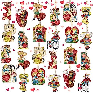 Outus 24 Pcs Vintage Valentine's Day Diamond Art Keychain 5D Vintage Cowboy DIY Decorative Double Sided Diamond Key Chain Kit Crafts Making for Valentine's Gifts Exchange School Classroom Prize