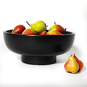 IVE Design Black Wood Fruit Bowl for Kitchen Counter, 12-inch Diameter Large Wooden Fruit Bowl, Natural Rubber Wood, Black Decorative Bowl Fruit Holder