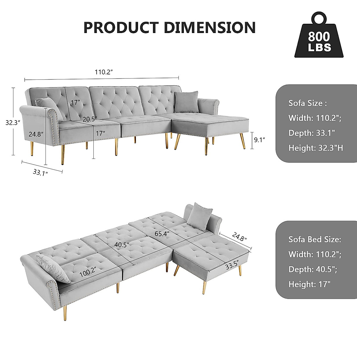 Hommoo 110” Modern Reversible Sectional Couch for Living Room Velvet L Shaped Couch with Removable Ottoman Nailhead Trim 3 Seater Sofa with Metal Gold Legs Light Gray