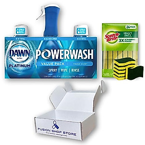 Dawn Powerwash Spray Refill, Fresh Scent, 1 Starter Kit + 2 Refills (1) Set with Dishwashing Sponges, 24 pack (1) Boxed by Fusion Shop Store