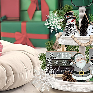 Uruney Merry Christmas Tiered Tray Decor, Grey Xmas Tree Santa Tray Decorations, Gray Snowman Snowflake Let It Snow Wooden Signs, Holiday Rustic Farmhouse Home Decor for Table Shelf Mantel Party