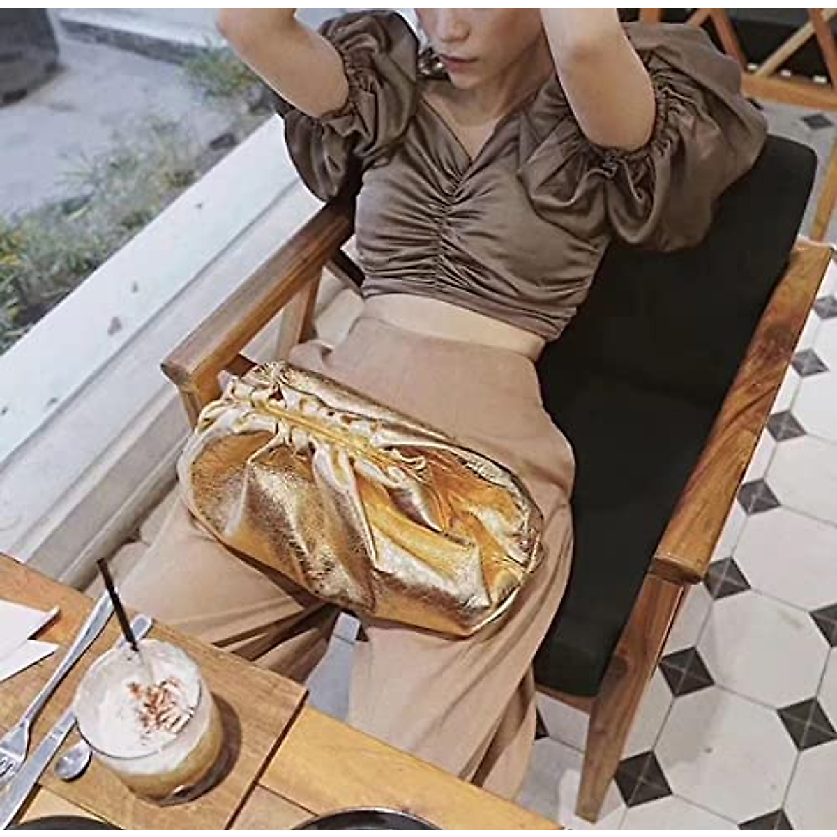 Bisadon Dumpling Pouch Crossbody Bag for Women Soft Clutch Purse Ruched Shoulder Bag Fashion Evening Bag Gold Small