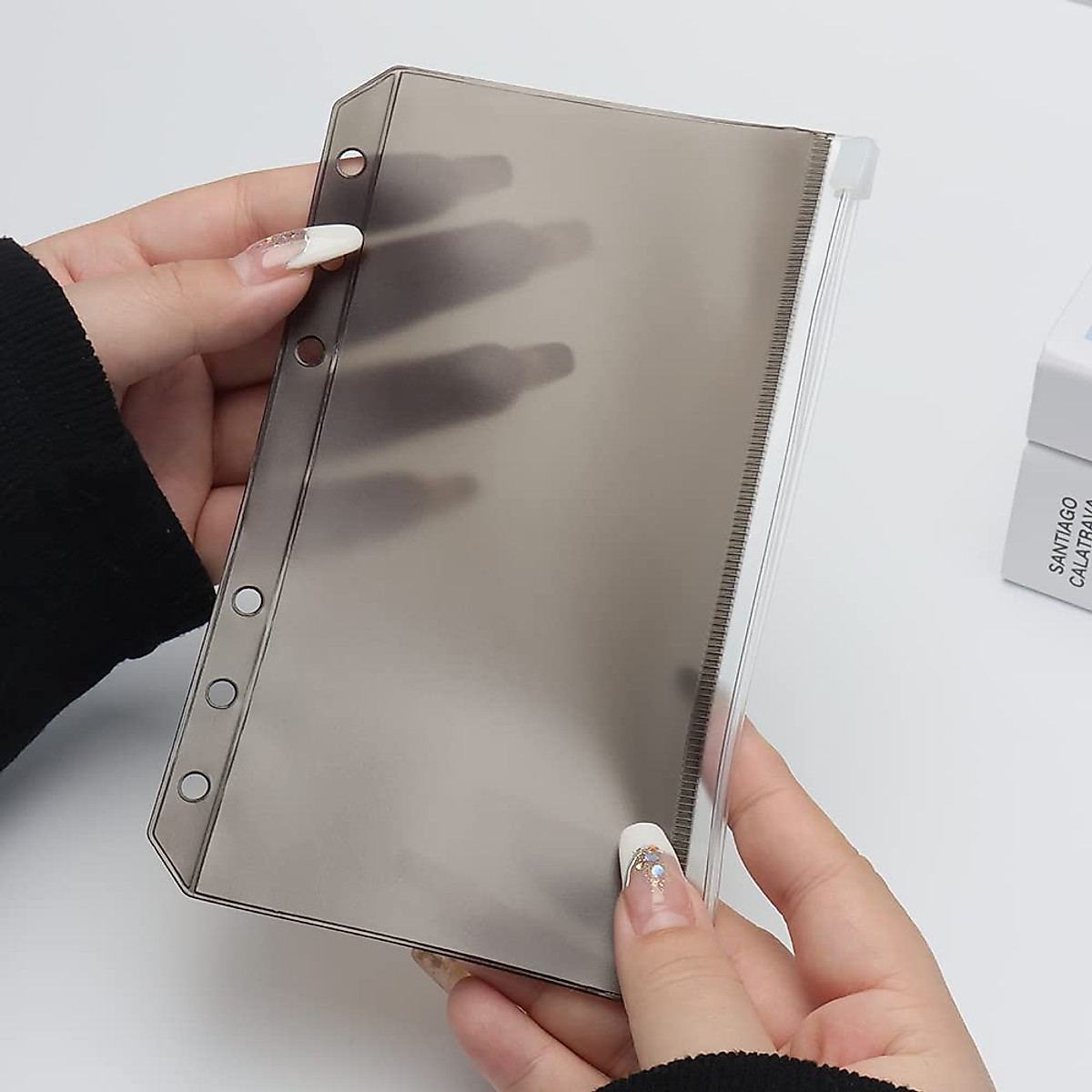 A6 Binder Pockets Black Zipper Pouches Translucent PVC Cash Budget Envelopes 12pcs 6 Hole Document Folders for A6 Binder, Cash Organizer Folder (A6)