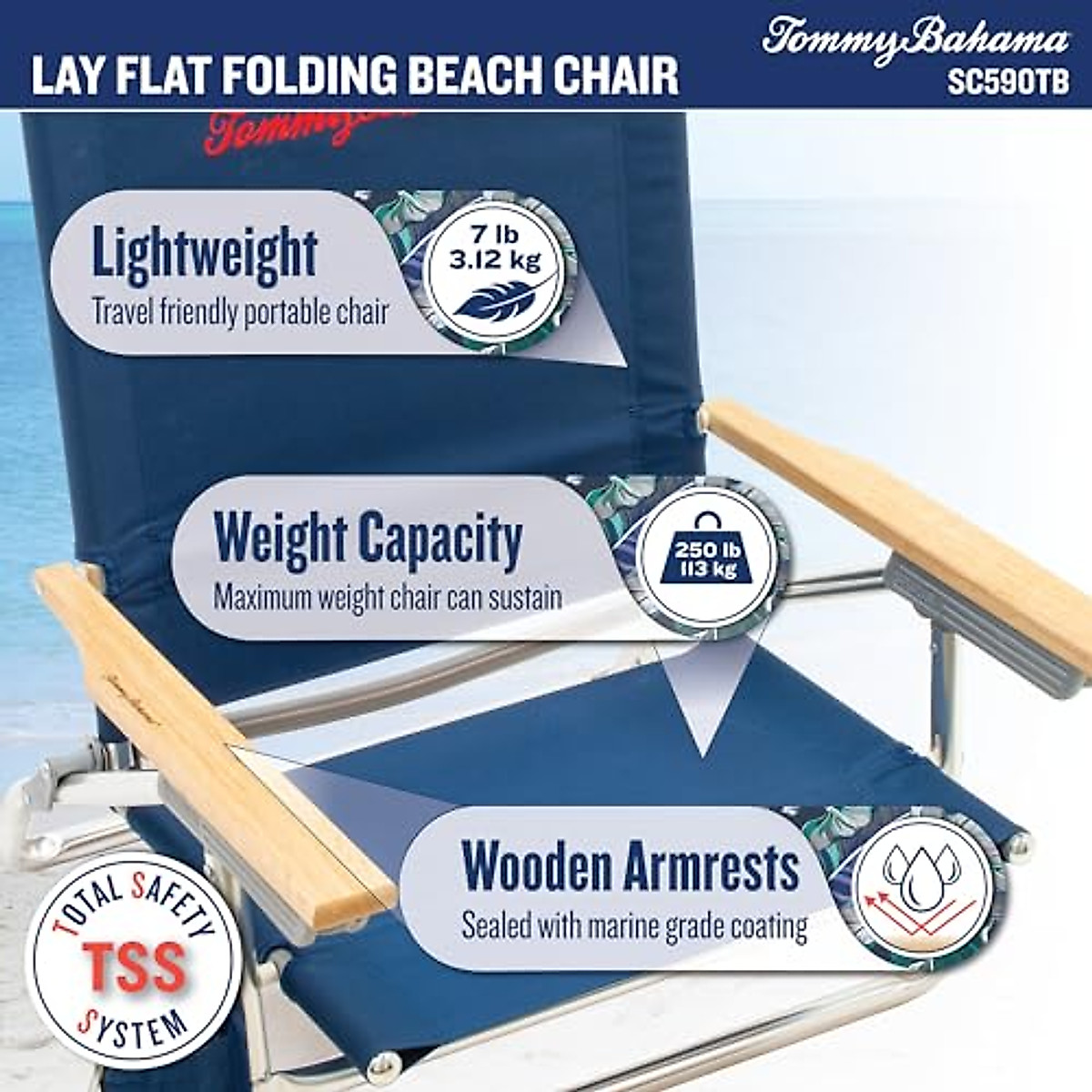 Tommy Bahama 5-Position Lay Flat Cup Holder and Towel Bar Beach Chair, 1-Pack, Floral Print