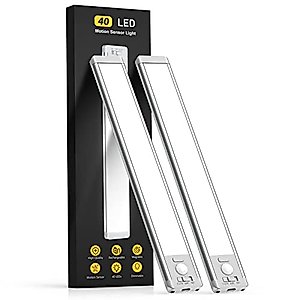 Under Cabinet Lights,40 LED Rechargeable Battery Operated Motion Sensor Light Indoor, 2 Pack Magnetic Dimmable Closet Lights, Wireless Under Counter Lights for Kitchen, Stairs (White Light)