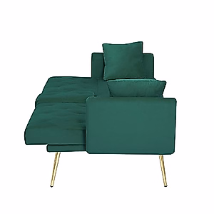 Eafurn Convertible Futon Sofa Bed with 2 Cup Holders, Modern Velvet Split-Back Folding Loveseat Sleeper Couches w/Adjustable Tufted Backrest,Square Armrest Sofabed, Dark Green 72.4" with 2 Pillows