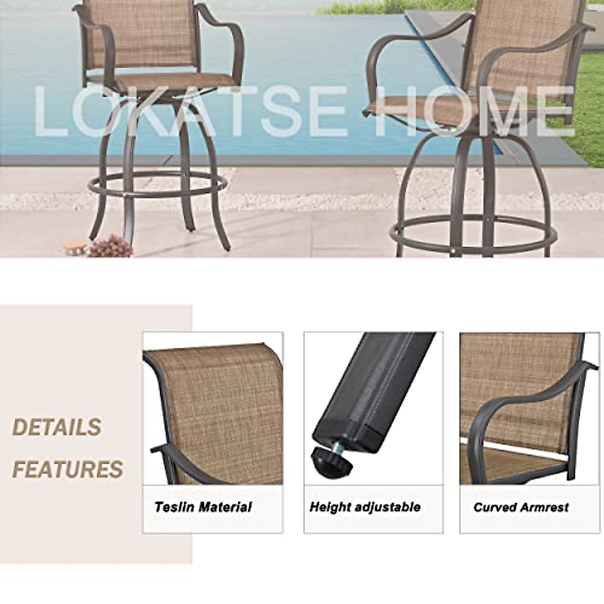 LOKATSE HOME 3 Pcs Patio Bar High Swivel Stools Set， 2 Tall Chairs and 1 Height Outdoor Bistro Table, Khaki