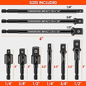 THINKWORK Impact Socket Adapter Set, 1/4" 3/8" 1/2" Drill Socket Adapter, 1/4" Hex Shank Impact Driver Socket Adapter for Cordless Drill, Impact Driver, Power Drill, Impact Drill, 9-Piece