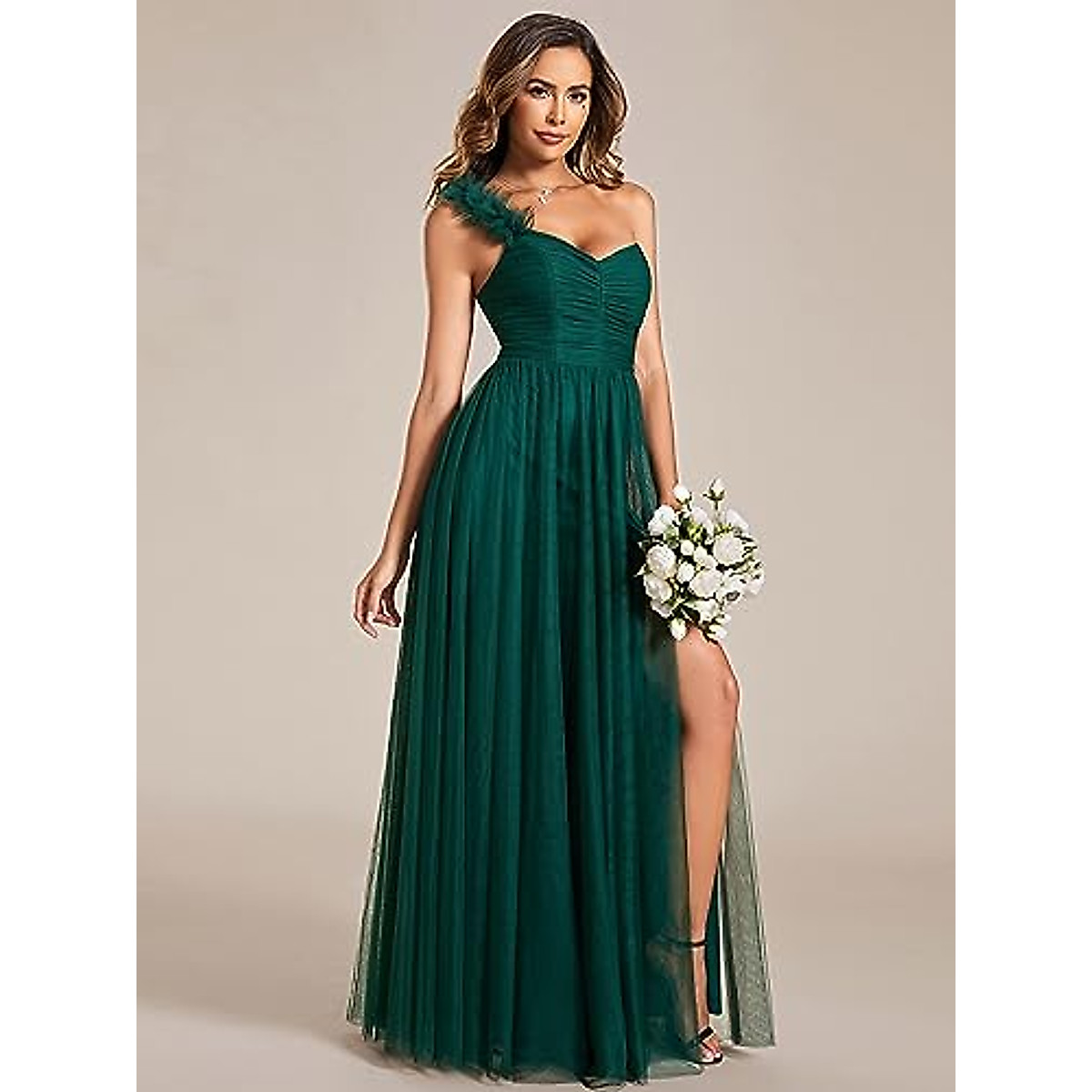 Ever-Pretty Women's Elastic Waist One Shoulder Plaeted A-line Flowy Maxi Bridesmaid Dresses Ball Gowns Green US10