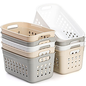 DEAYOU 9 Pack Plastic Storage Basket, Small Pantry Organizer Basket Bins, Rectangular Storage Tray Basket Container with Handle for Shelf, Household, Desktop (Beige, White, Gray)