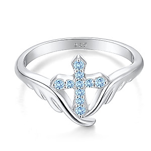STARCHENIE Cross Ring 925 Sterling Silver Angel Wings Ring for Women March Aquamarine Size7