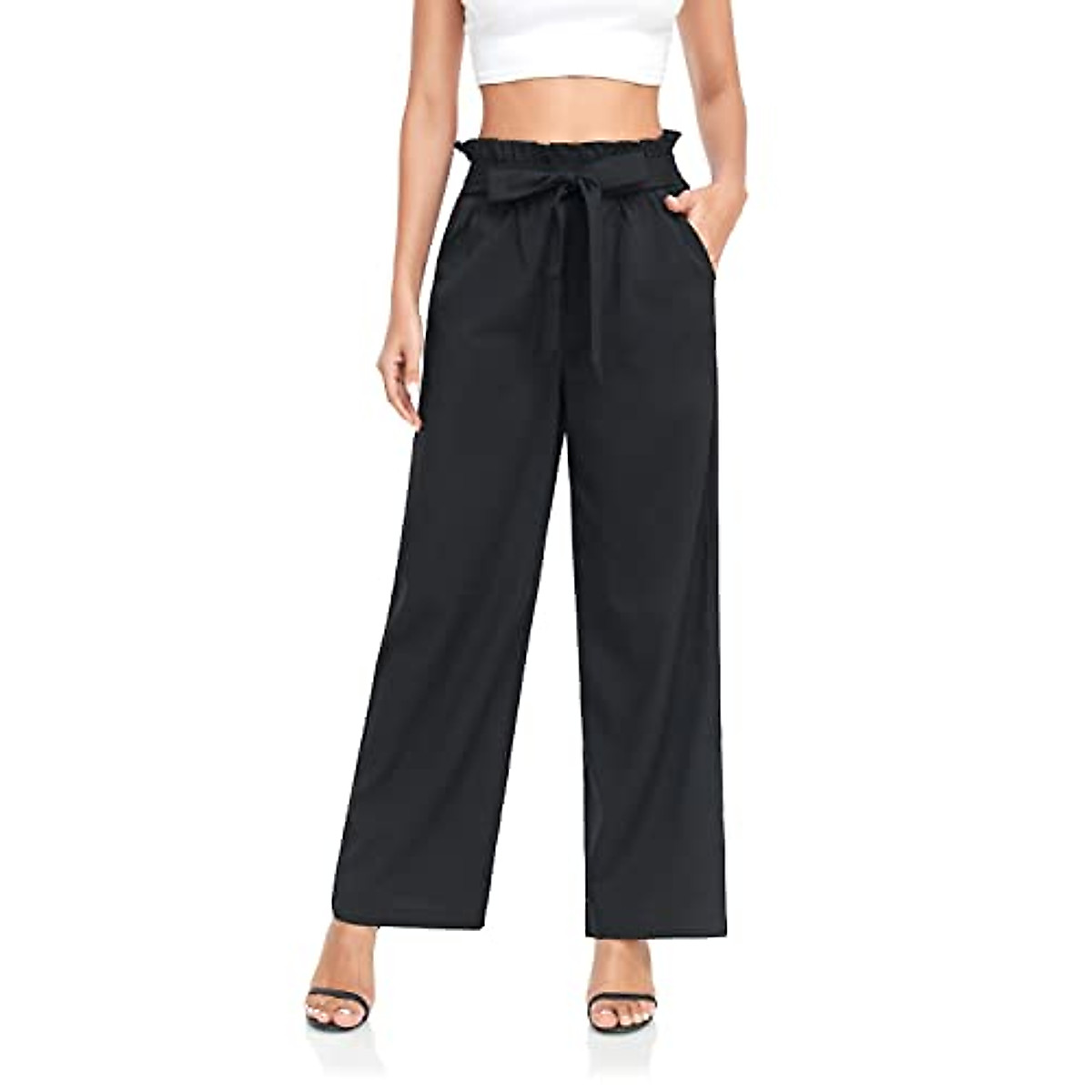 DIBOYU Women's Pants High Waist Palazzo Casual Wide Leg Pant Elastic Waist Pockets Pants with Belt XBK_XL Black