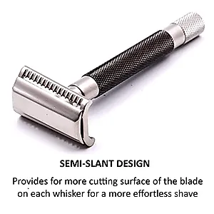 Parker THE SEMI SLANT, Double Edge Safety Razor and 5 Parker Blade Refills - Electroplated Graphite Gray Solid Brass Handle - Delivers a Barbershop Shave at Home