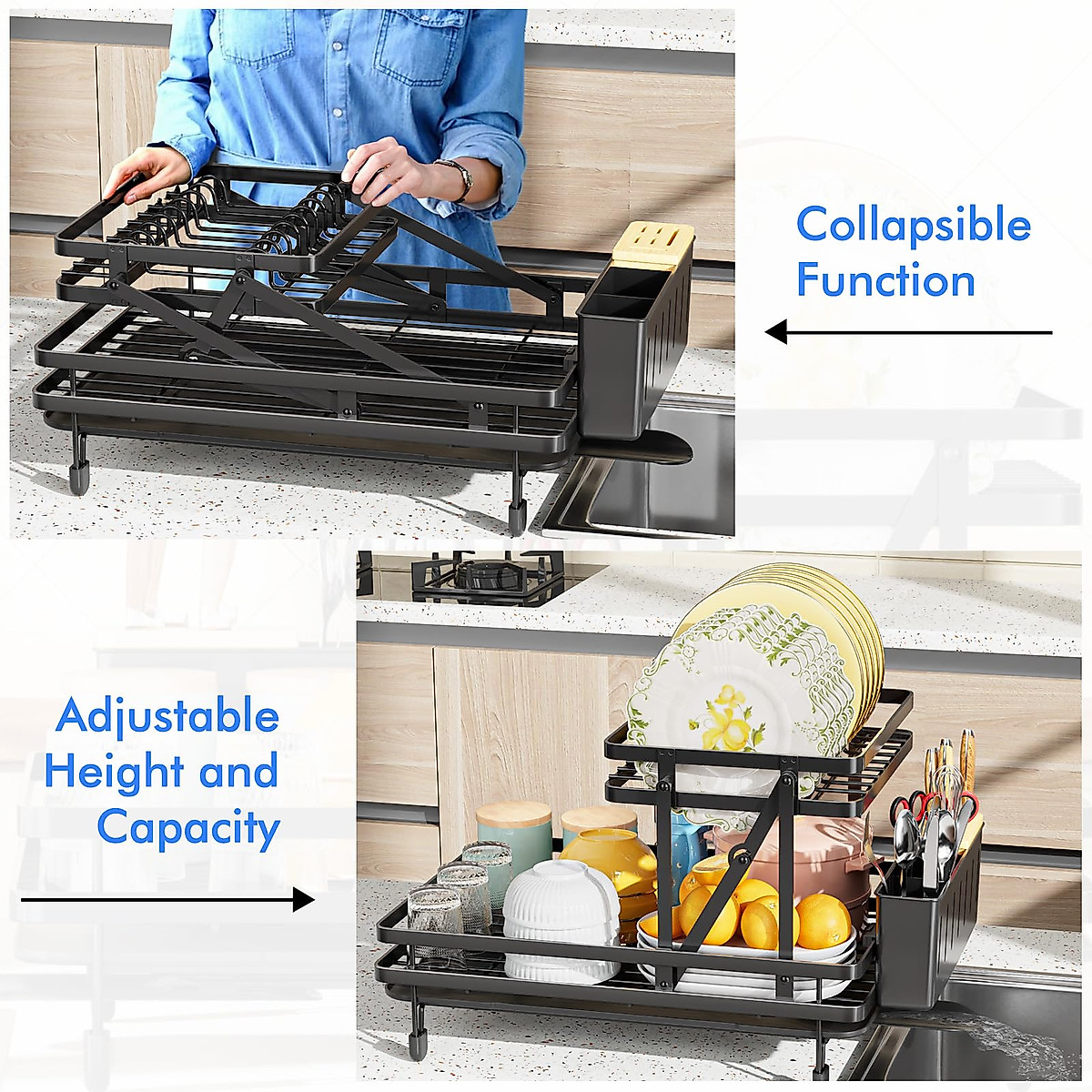 YKLSLH Dish Drying Rack, Collapsible Dish Racks for Kitchen Counter, 2 Tier Sturdy Dish Drainer with Utensil Holder-Kitchen Drying Rack