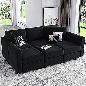 Belffin Modular Velvet Sectional Sofa with Chaise Lounge Sectional Sleeper Sofa with Storage Chaise Sofa Bed Couch for Living Room Black