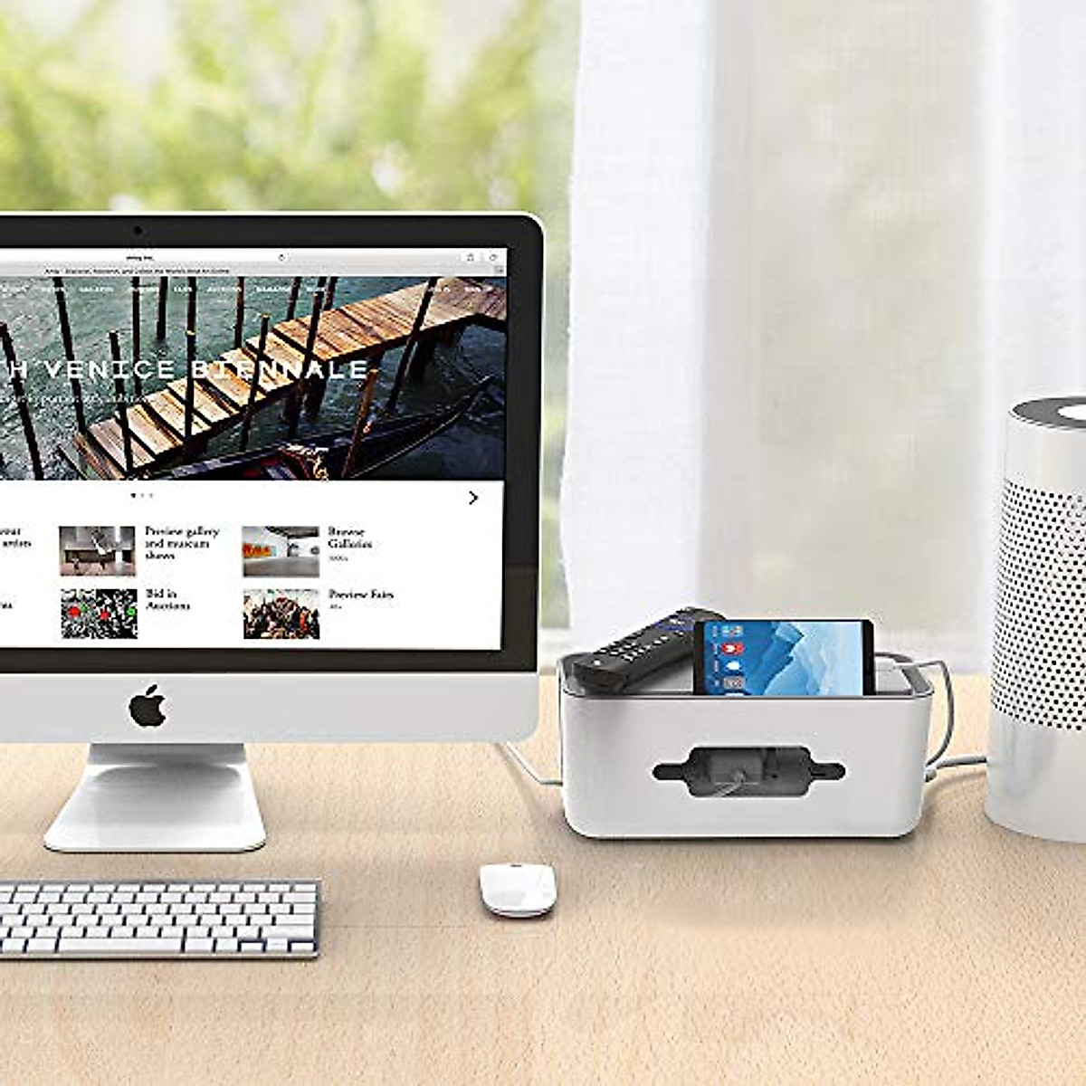 Surge Protector Power Strip with Cable Management Box, 6 Outlets and 2 USB Ports with Switch Control, Flat Plug, 5ft Heavy-Duty Extension Cord, Cord Organizer Box for Home and Office - White